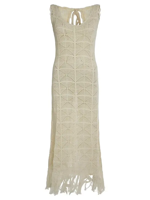 Rodebjer Crochet Sweater Dress With Lace-up Back And Frayed Hem - Panna