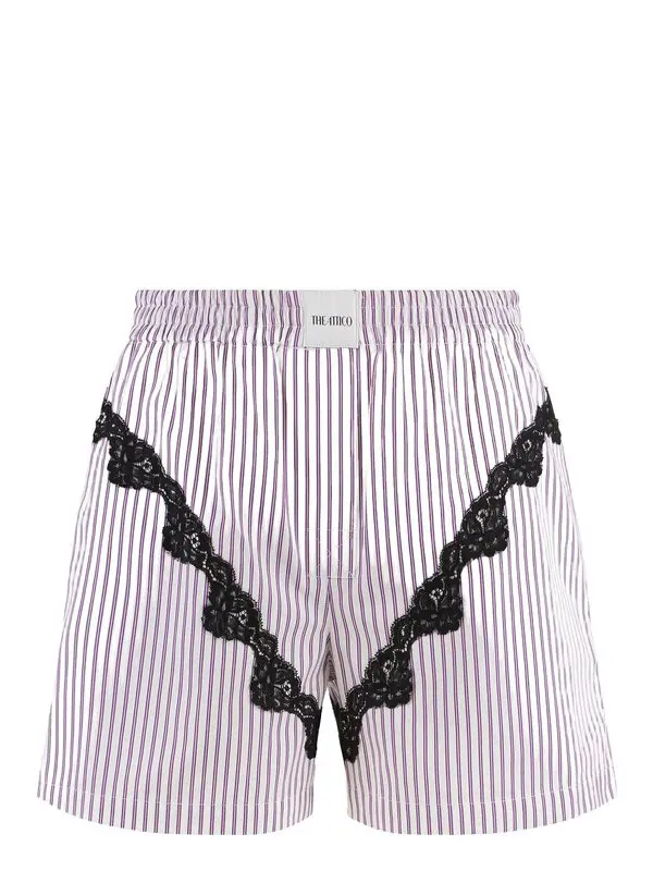 Attico Cotton Mini Shorts With Contrast Lace Inserts - Prune