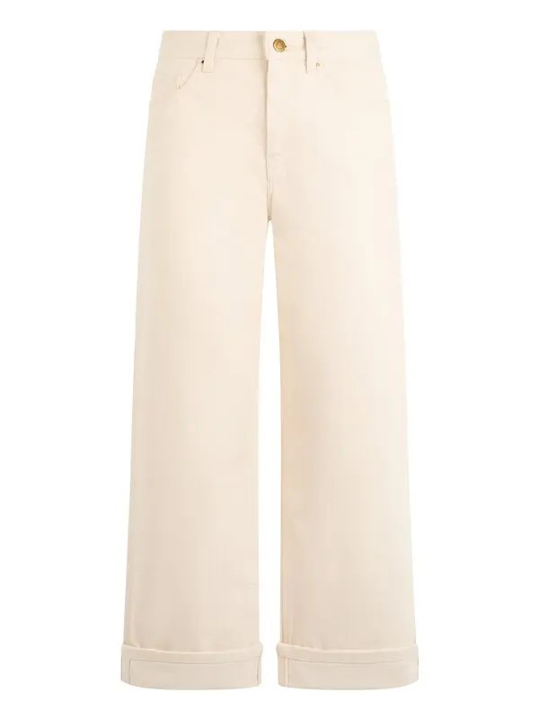 Moncler Cotton Twill Wide Leg Pants With Cuffed Hem - Ivory