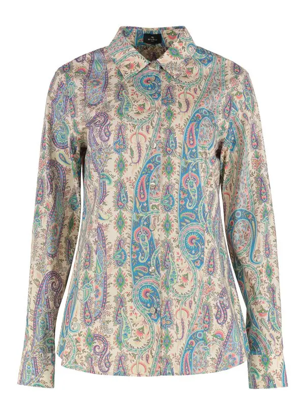 Etro Stretch Cotton Shirt With Leafy Paisley Motif - Multicolor