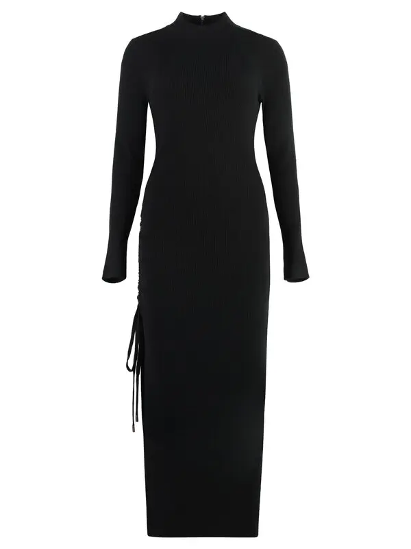 Michael Kors Ribbed Knit Midi Dress With Gathered Hem And Slit - Black
