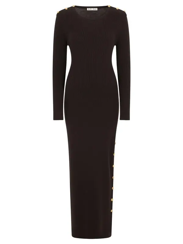 BLAZÉ MILANO Maxi Length Ribbed Dress With Button Detail - Brown