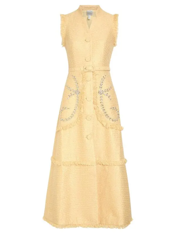 Huishan Zhang Crystal-embellished Belted Tweed Midi Dress - Yellow