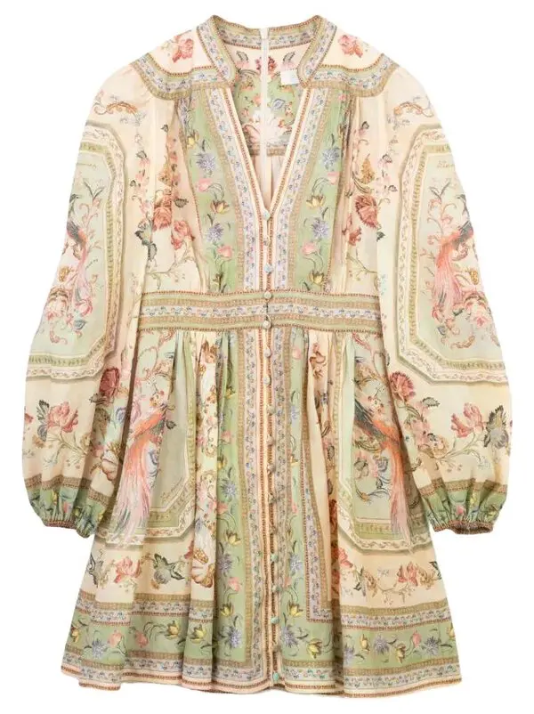Zimmermann Beige Floral Print V-neck Dress - Neutrals