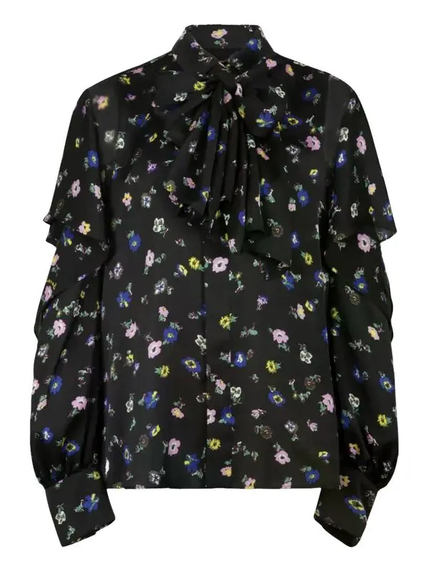 Sacai Floral-print Blouse With Ruffle Trim - Black