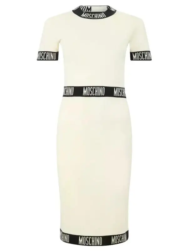 Moschino Virgin Wool Midi Dress With Logo Trim - Neutrals