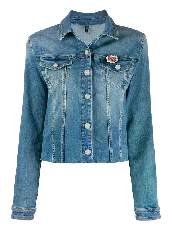 Liu Jo Cropped Denim Jacket With Chest Logo - Blue