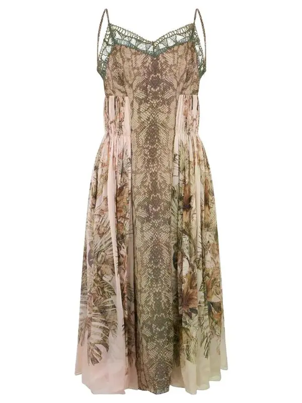 Alberta Ferretti Lace-trimmed Snake Print Midi Dress - Neutrals