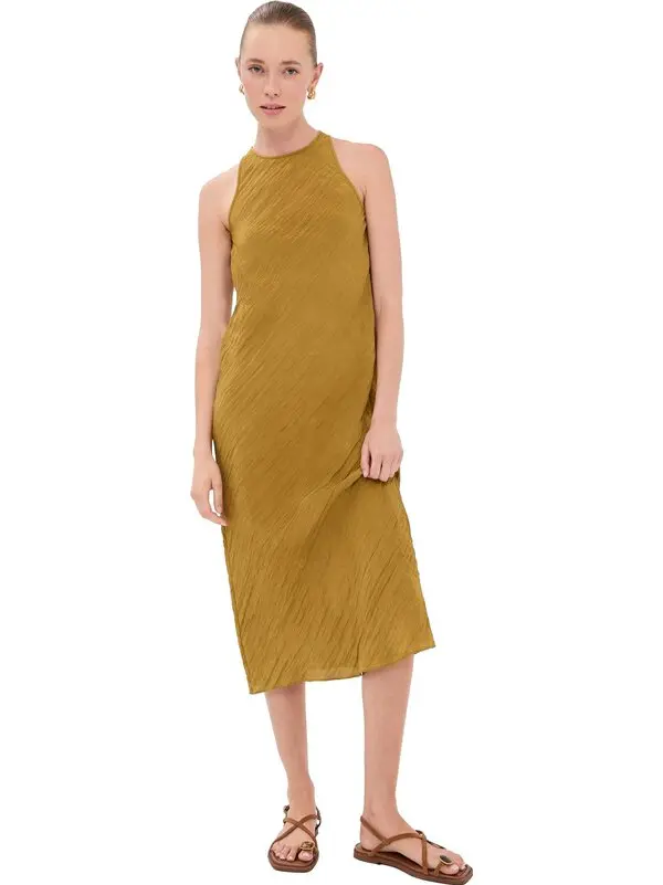 Tibi Crinkle Slip Midi Bias Dress - Mustard
