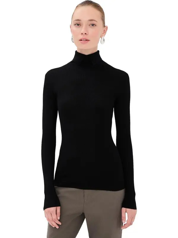 Tibi Featherweight Ribbed Split Neck Turtleneck Sweater - Black
