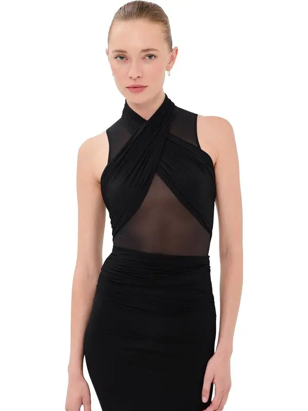 Wardrobe.NYC Halter Neck Translucent Tank Thong Bodysuit - Black