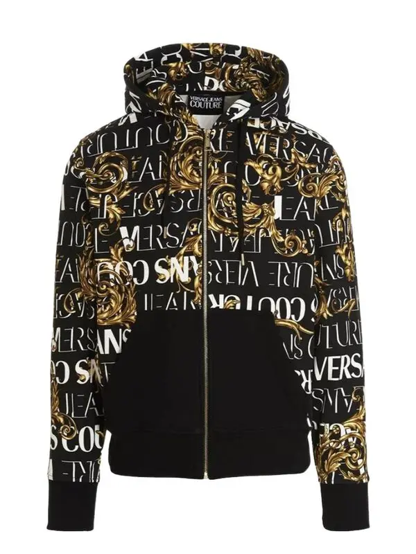 Versace Baroque And Logo Printed Zip-up Hoodie - Black