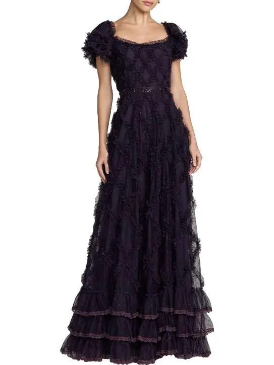 Mac Duggal Ruffled Tiered Mesh Gown - Midnight