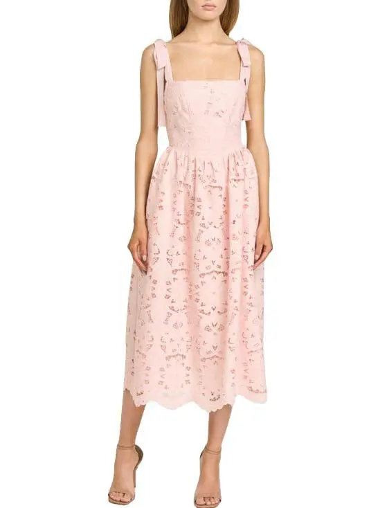 WAYF Kassi Embroidered Midi Dress With Tie Shoulders - Blush