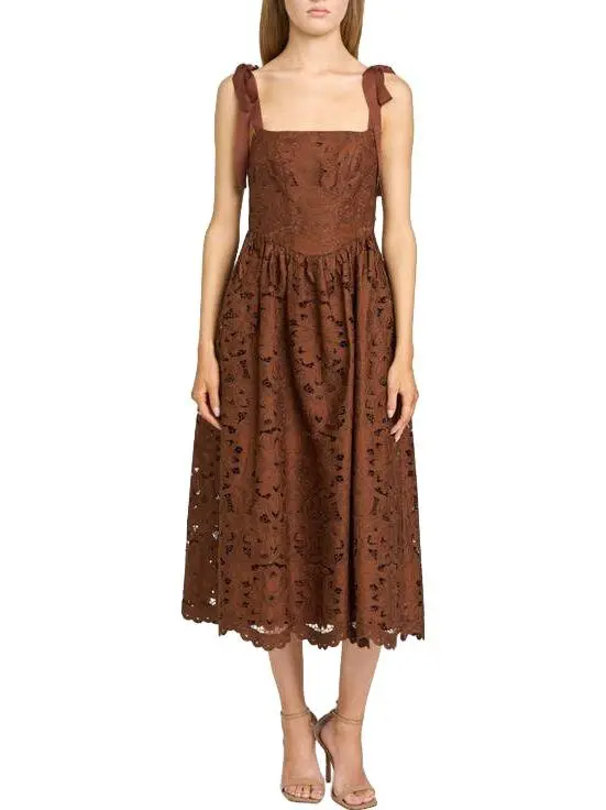 WAYF Kassi Embroidered Midi Dress With Tie Shoulders - Chocolate