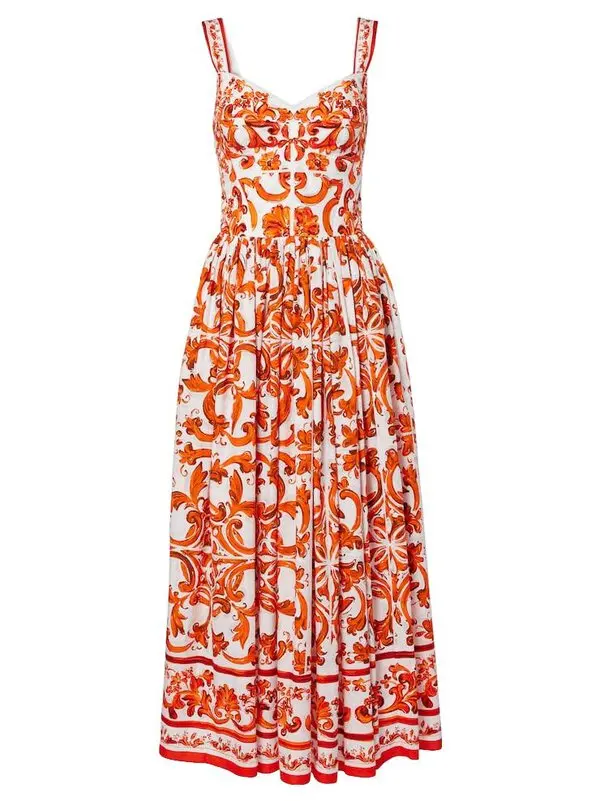 Dolce & Gabbana Majolica Print Cotton Poplin Maxi Dress - Orange