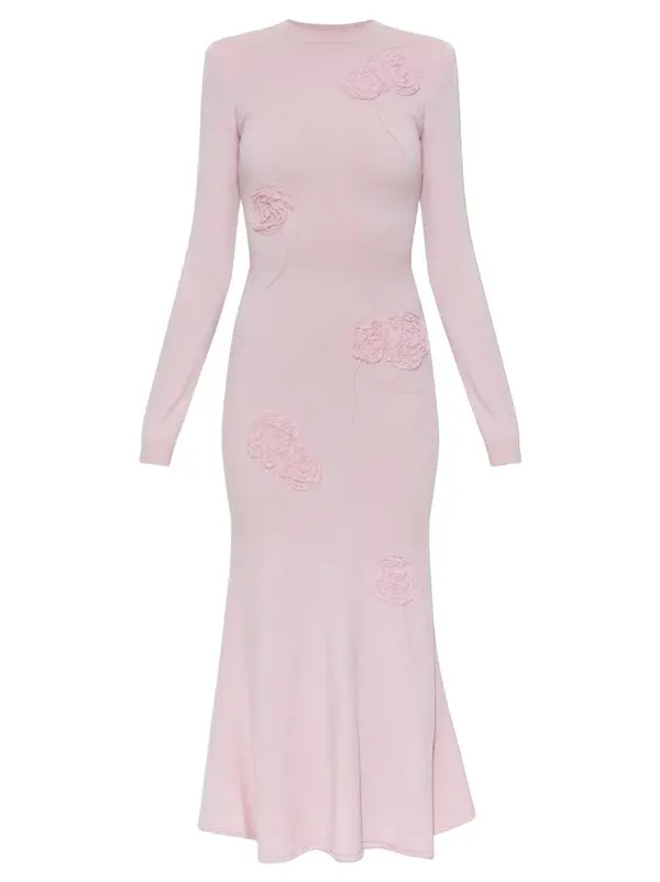 SELF-PORTRAIT Knit Midi Dress With Lace Appliqués - Pink