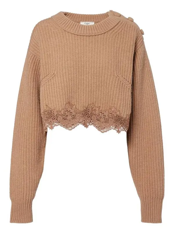 Chloé Lace-trimmed Wool And Cashmere Blend Sweater - Brown