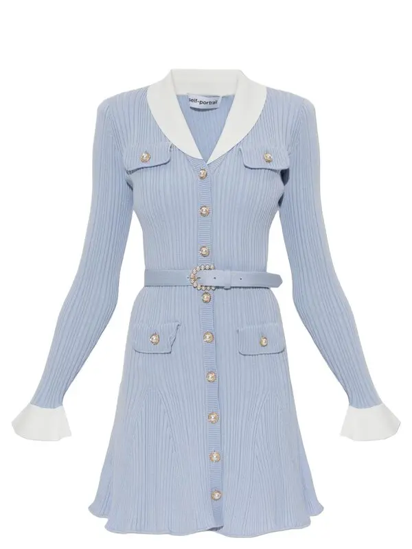 SELF-PORTRAIT Ribbed Knit Dress With Pearl Button Details And Contrast Collar - Blue