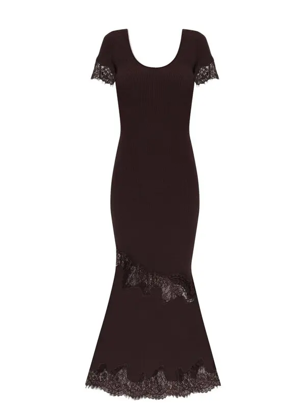SELF-PORTRAIT Ribbed Knit Lace Insert Midi Dress - Brown