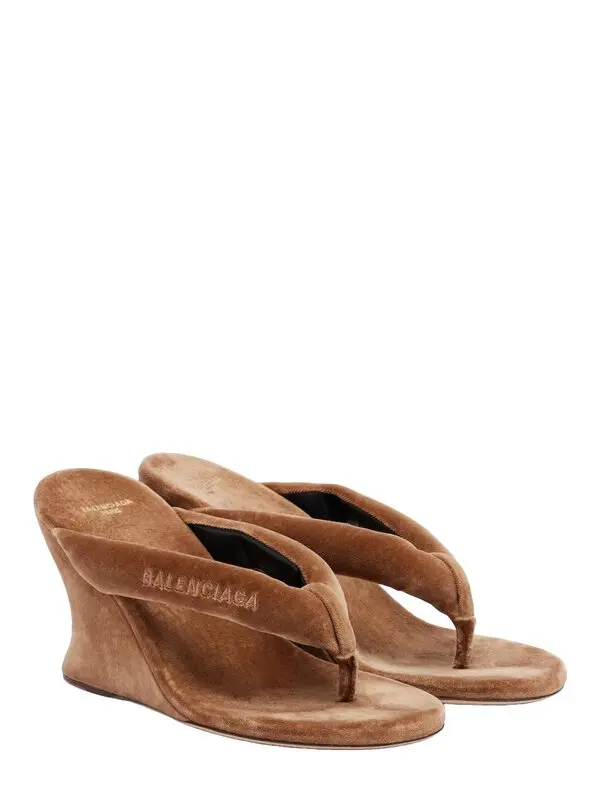 Balenciaga Velvet Wedge Thong Sandals - Brown