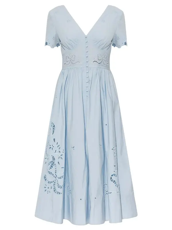 SELF-PORTRAIT V-neck Midi Dress With Pleated Details - Blue
