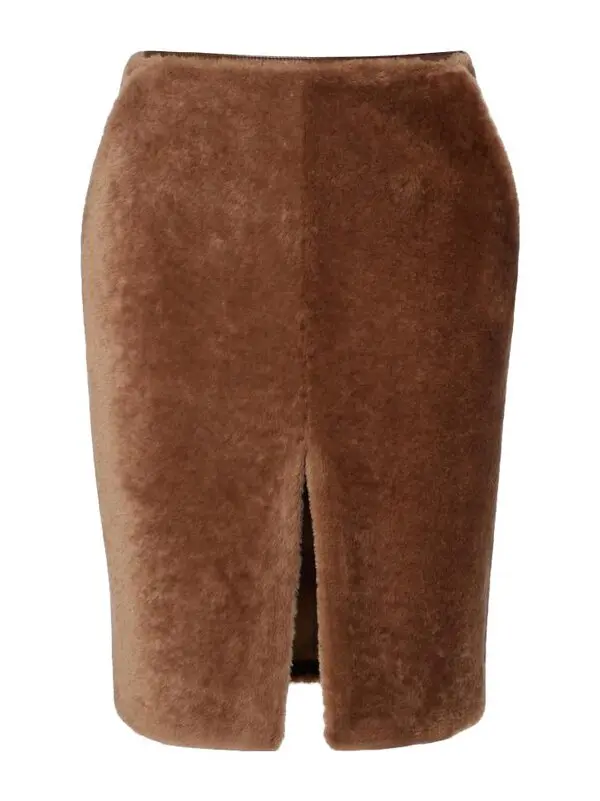 Saint Laurent Shearling Pencil Skirt - Brown