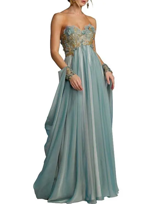 Mac Duggal Strapless Floral Embroidered Gown - Seafoam