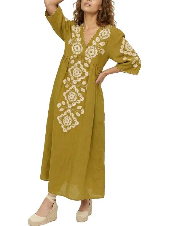 RAFFYA Arianna Embroidered V-neck Maxi Dress - Chartueuse