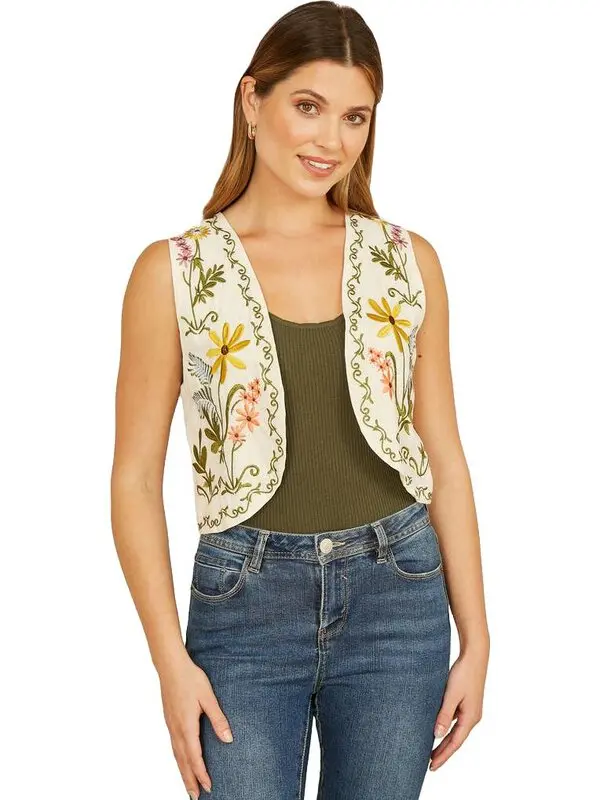 YUMI Floral Embroidered Cotton Waistcoat - Multi