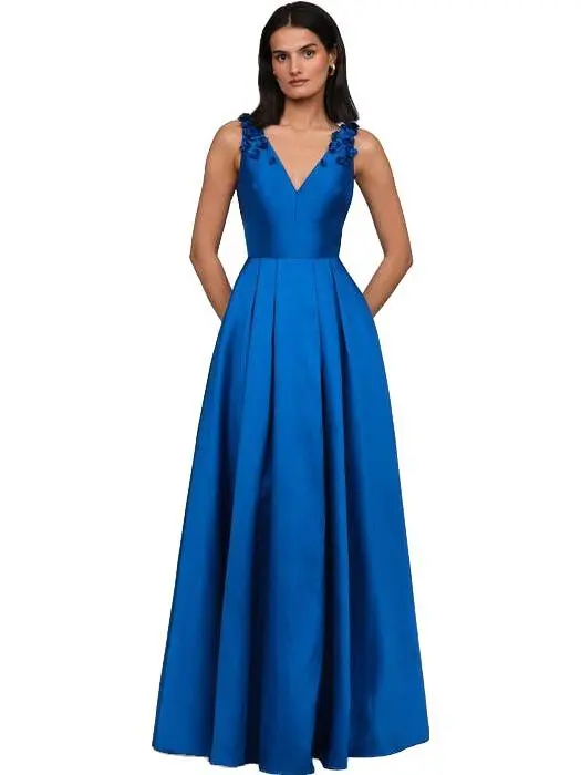 Theia Velina Mikado V-neck Gown With Embroidered Neckline - Sapphire Eclipse