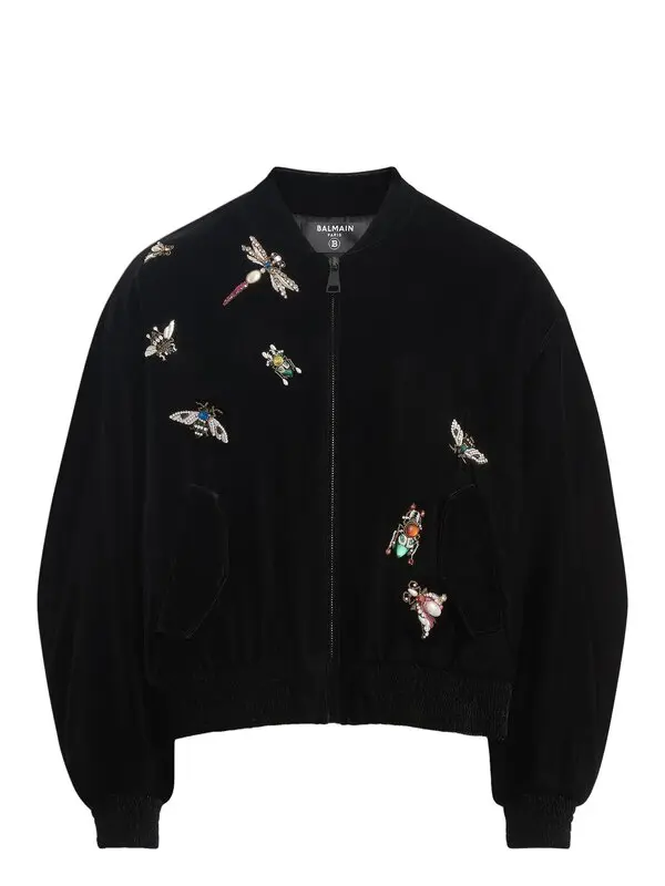 Balmain Embroidered Velvet Insect Bomber Jacket - Black