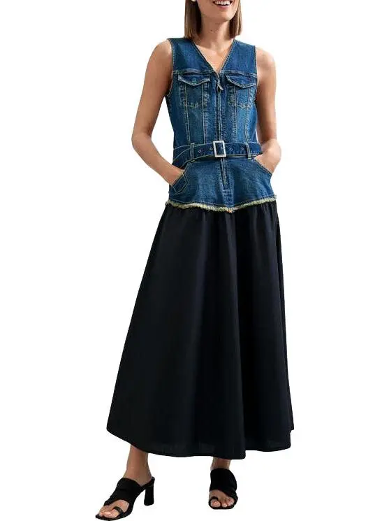 Desigual Denim Vest Midi Dress With Belt - Medium Blue