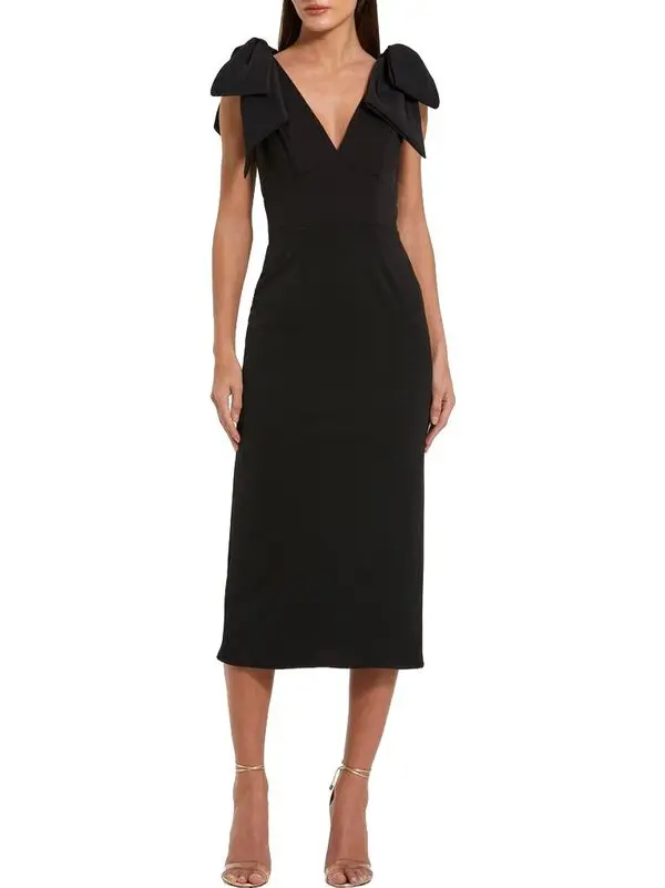 Mac Duggal Petite Statement Bow Shoulder Crepe Midi Dress - Black