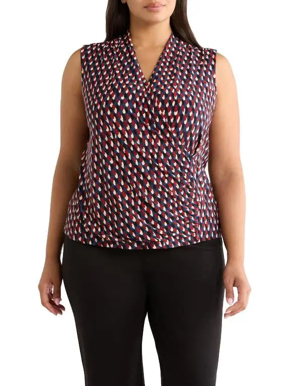 Anne Klein Abstract Print Faux Wrap Sleeveless Top - Blue Carbon Multi
