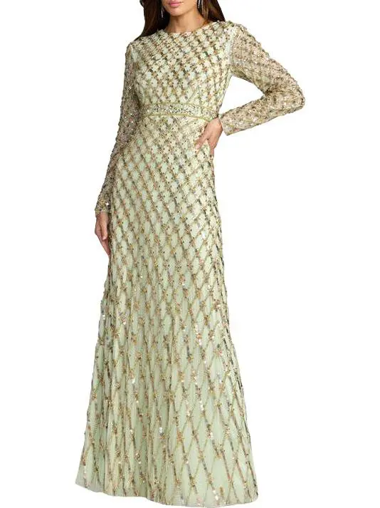 Mac Duggal Long Sleeve High Neck Beaded Gown - Sage