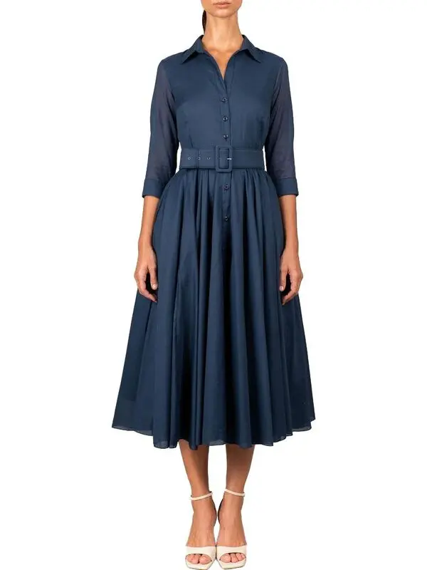 Samantha Sung A-line Belted Shirtdress - Solid Navy
