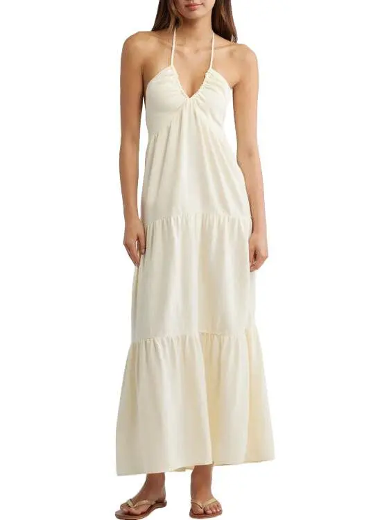 PACSUN Kenna Tiered Halter Midi Dress - Vanilla