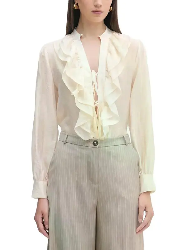 HAVEONE Cream White Ruffled Front-tie V-neck Blouse - Neutrals