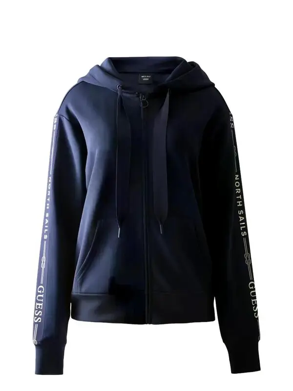 Guess Zip-up Hoodie With Logo Tape Detail - Blue