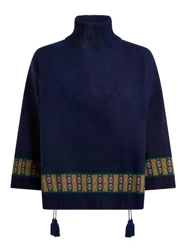 Etro Wool-blend Kimono Sweater With Tassels And Geometric Motif - Blue