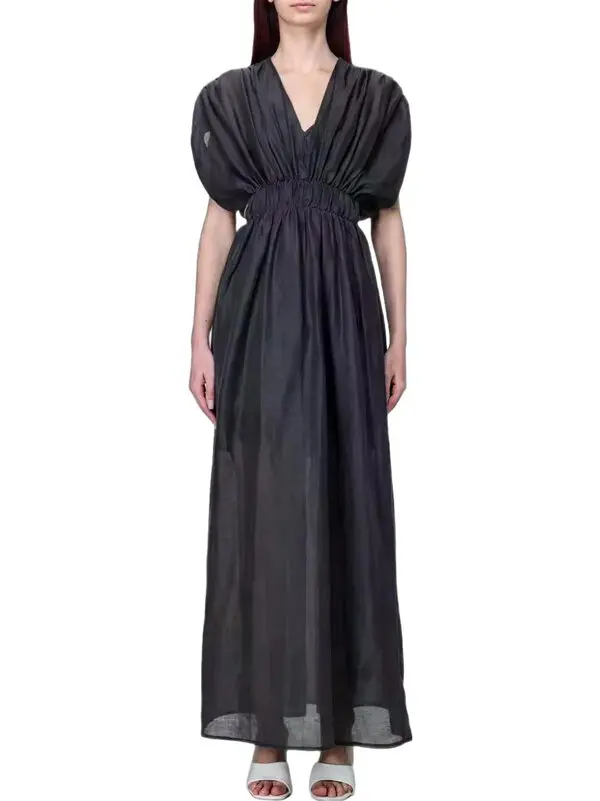 120% Lino V-neck Maxi Dress With Elasticated Waist And Braided Belt - Grey