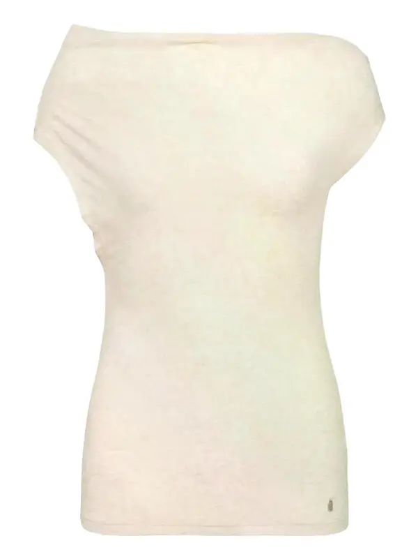 GLOWNY Draped Asymmetric Neckline Top With Logo Plaque - Neutrals