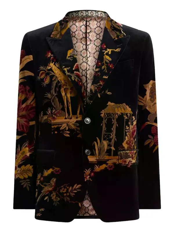 Etro Single-breasted Cotton Velvet Jacket With Placed Flower And Animal Print - Black