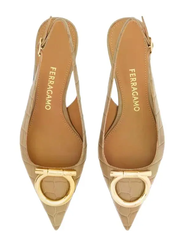 FERRAGAMO Maxi Gancini Slingback Pumps In Calf Leather With Croc Effect - Neutrals