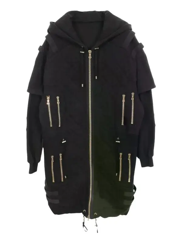 Balmain Quilted Hooded Coat - Black