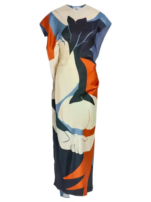 Victoria Beckham Abstract Print Draped Midi Dress - Neutrals