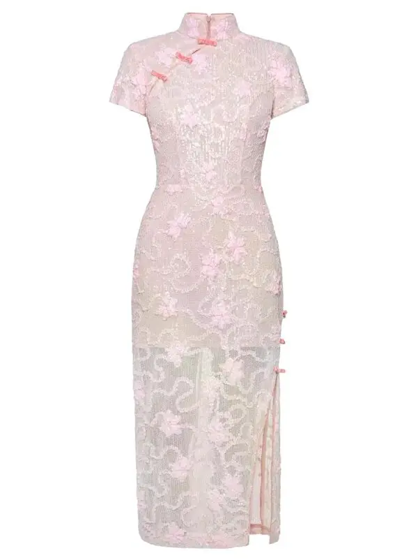 ANOUKI Sequin-embellished Floral-appliqué Maxi Dress - Pink