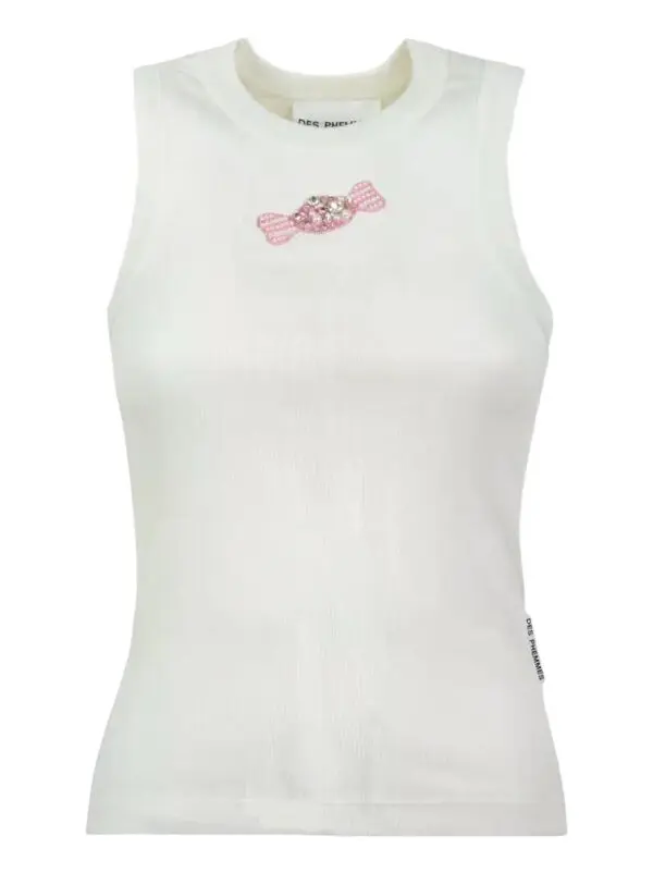 DES_PHEMMES Embellished Ribbed Tank Top - White