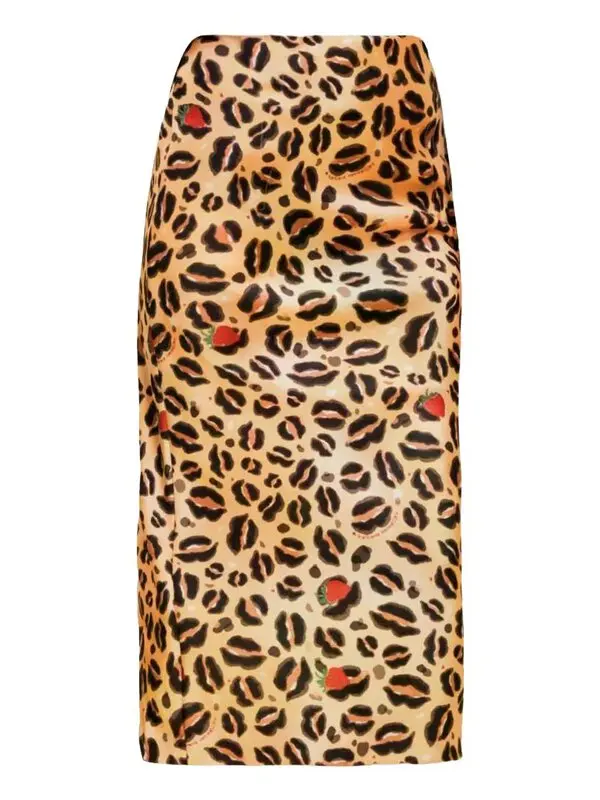 ALESSANDRO ENRIQUEZ Leopard Print Strawberry Motif Midi Skirt - Neutrals